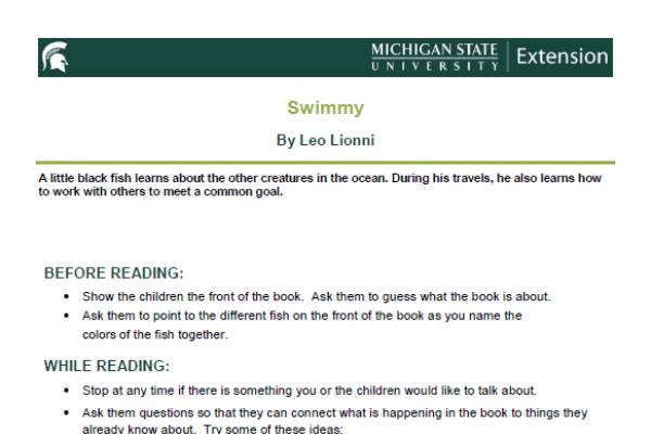 "Swimmy" Family Book Sheet - Child & Family Development