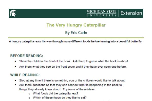 "The Very Hungry Caterpillar" Family Book Sheet - Child & Family ...
