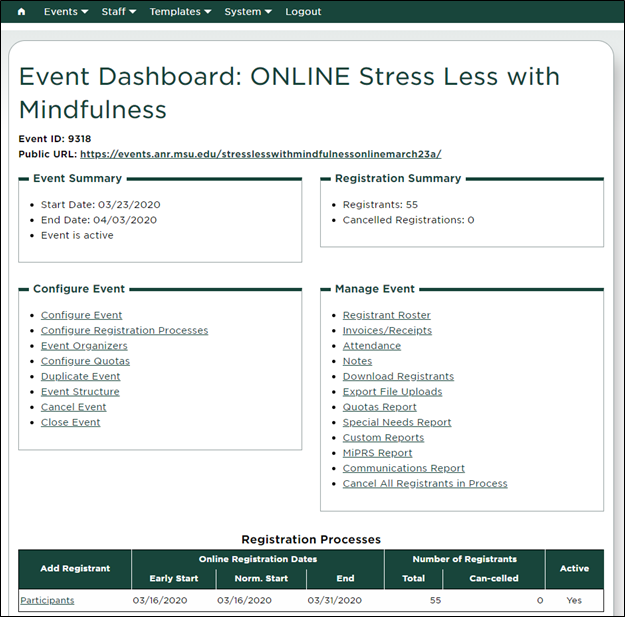 Event Dashboard in Events Management System - ANR Event Services